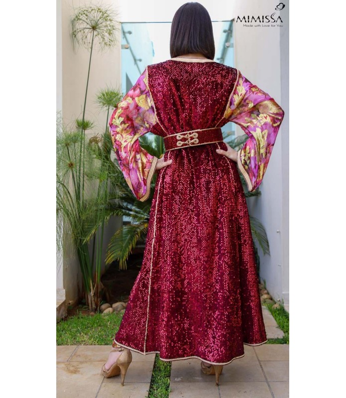 CAFTAN TLIJA COURT SUR JUPE Taille S/M Couleur Grenat
