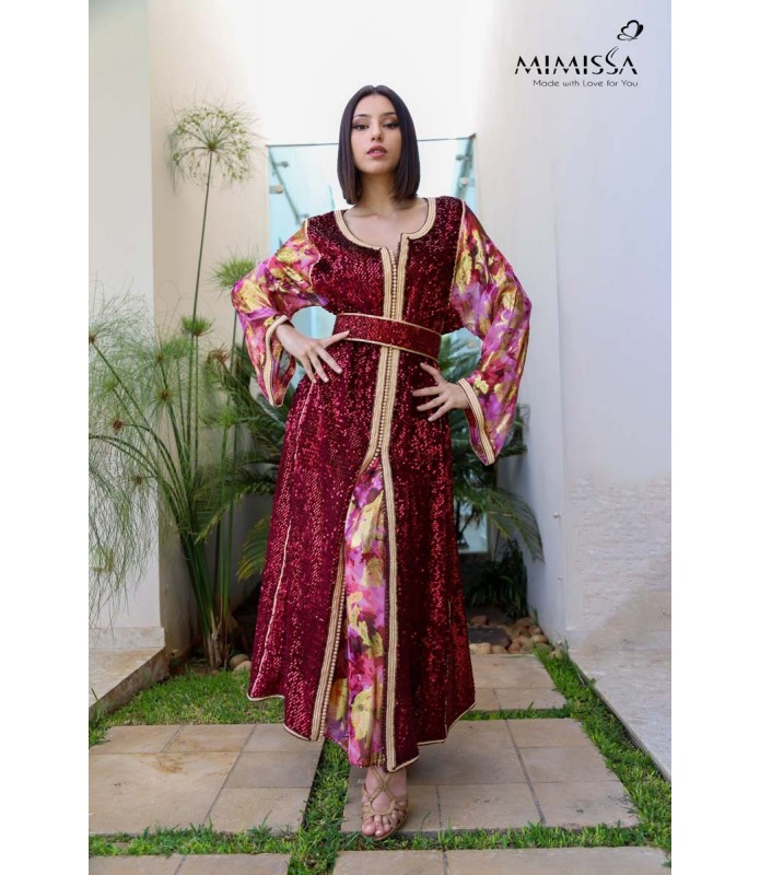 CAFTAN TLIJA COURT SUR JUPE Taille S/M Couleur Grenat